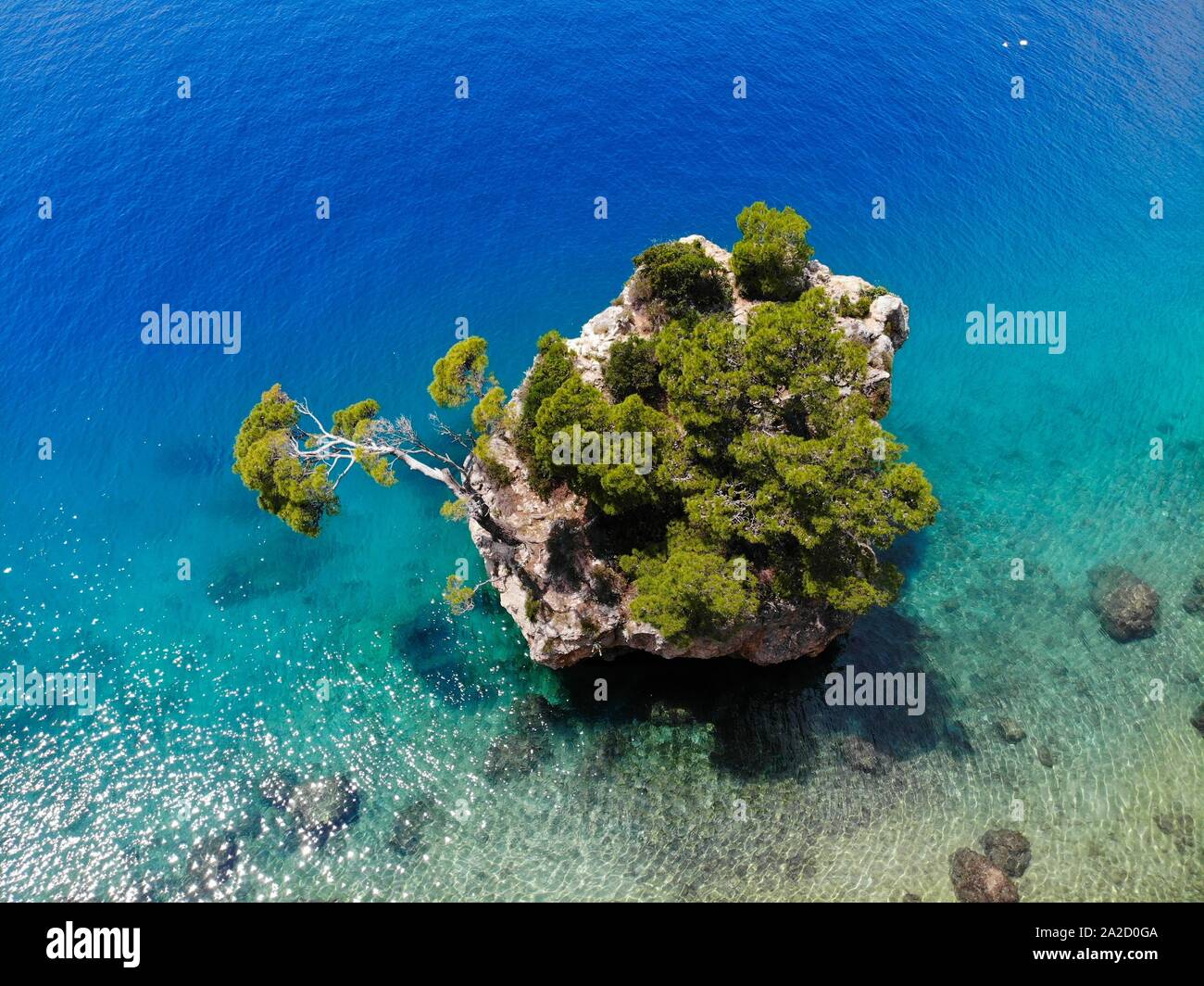 Brela Rock, Croatia. Rock covered with trees near Makarska Riviera ...