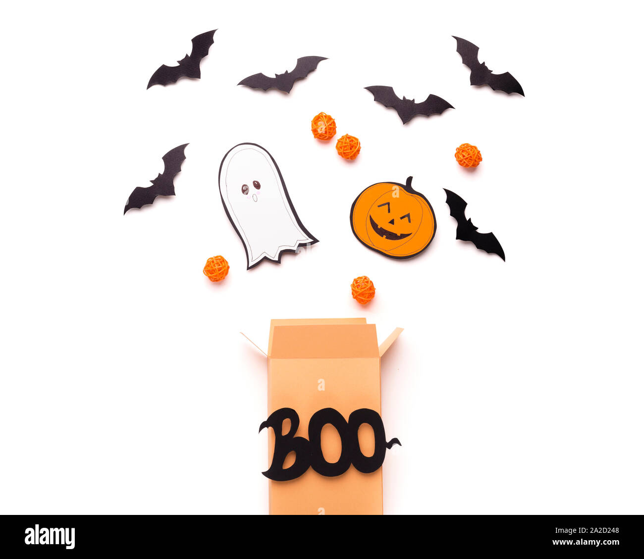 Open boo box with flying outside Candies, bats and ghosts Stock Photo ...