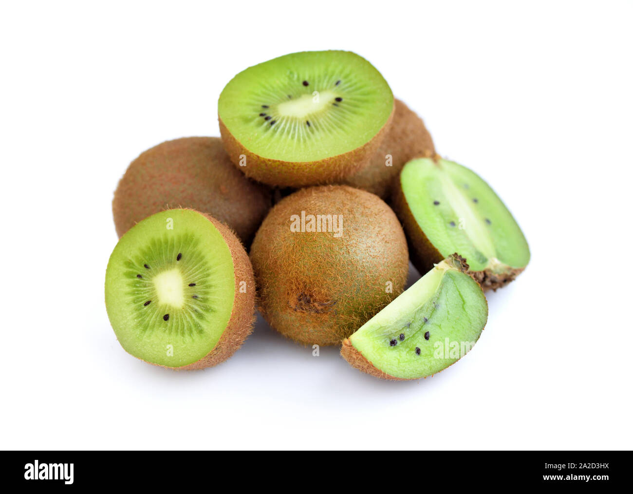 Whole kiwi fruit and his sliced segments isolated on white background ...