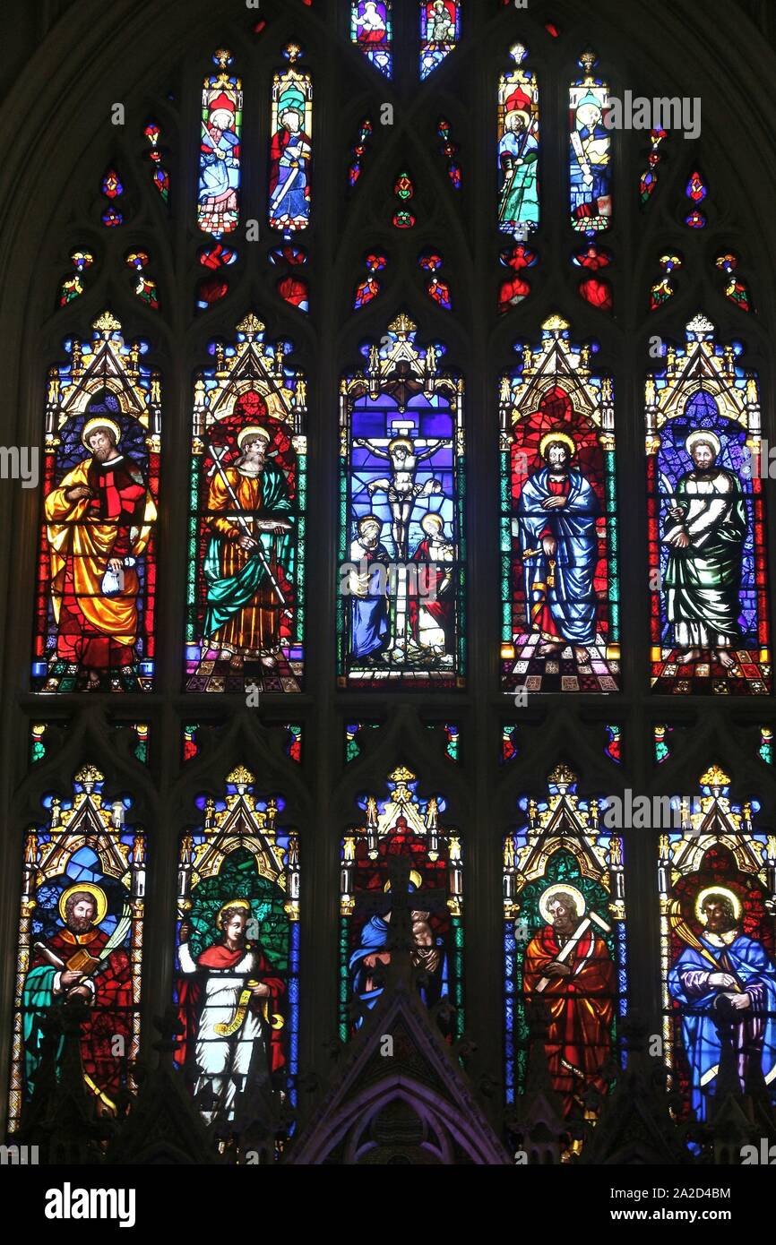 LEEDS, UK - JULY 11, 2016: Interior view of stained glass at Leeds ...