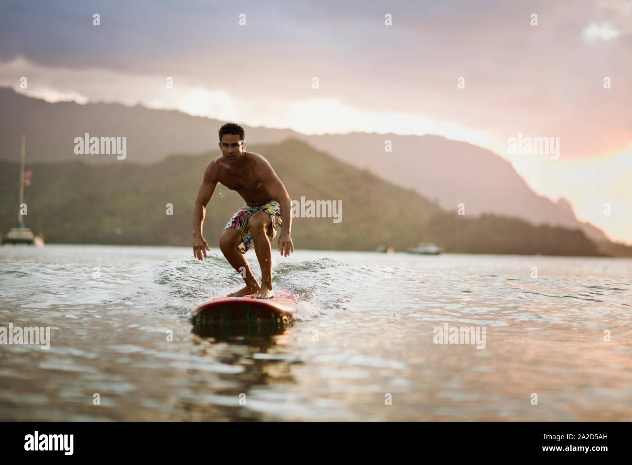 Male surfer starting to stand as his surfboard moves forward Stock ...