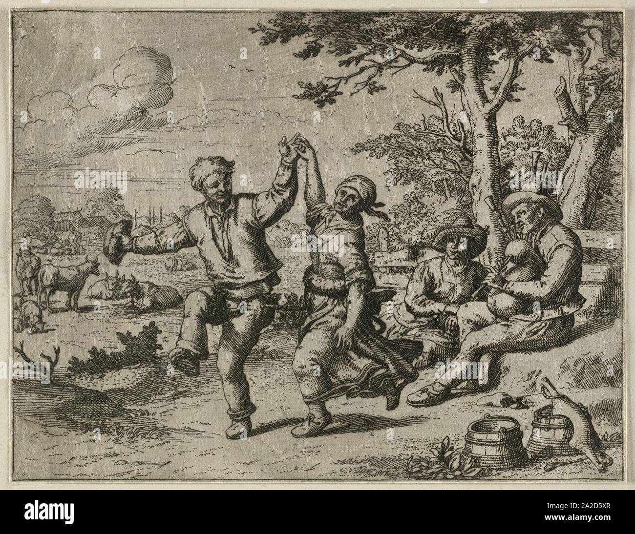 Een dansende boer en boerin bij een doedelzakspeler met naast hem een ...