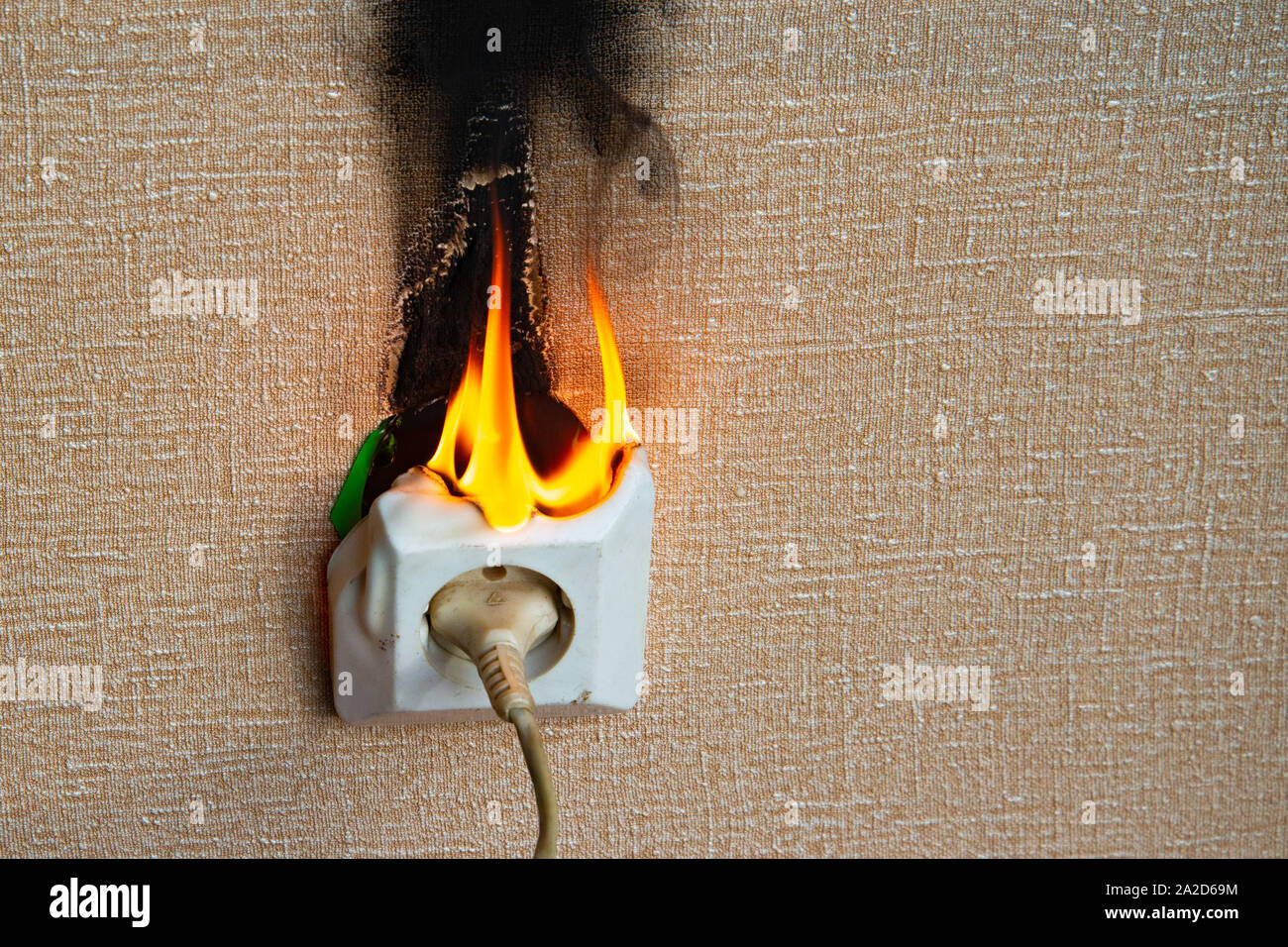 Burning electrical wiring and electrical outlet. Faulty wiring causes ...
