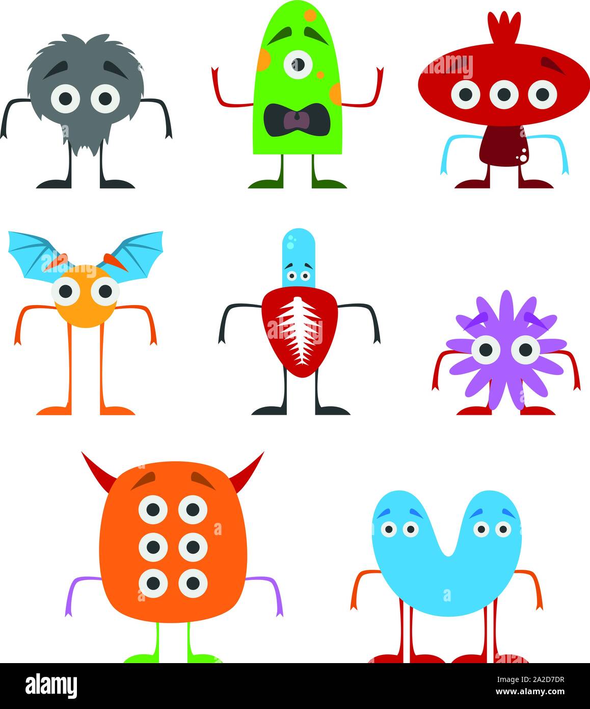 Set Of 8 Funny Monsters Vector Illustration In White Background