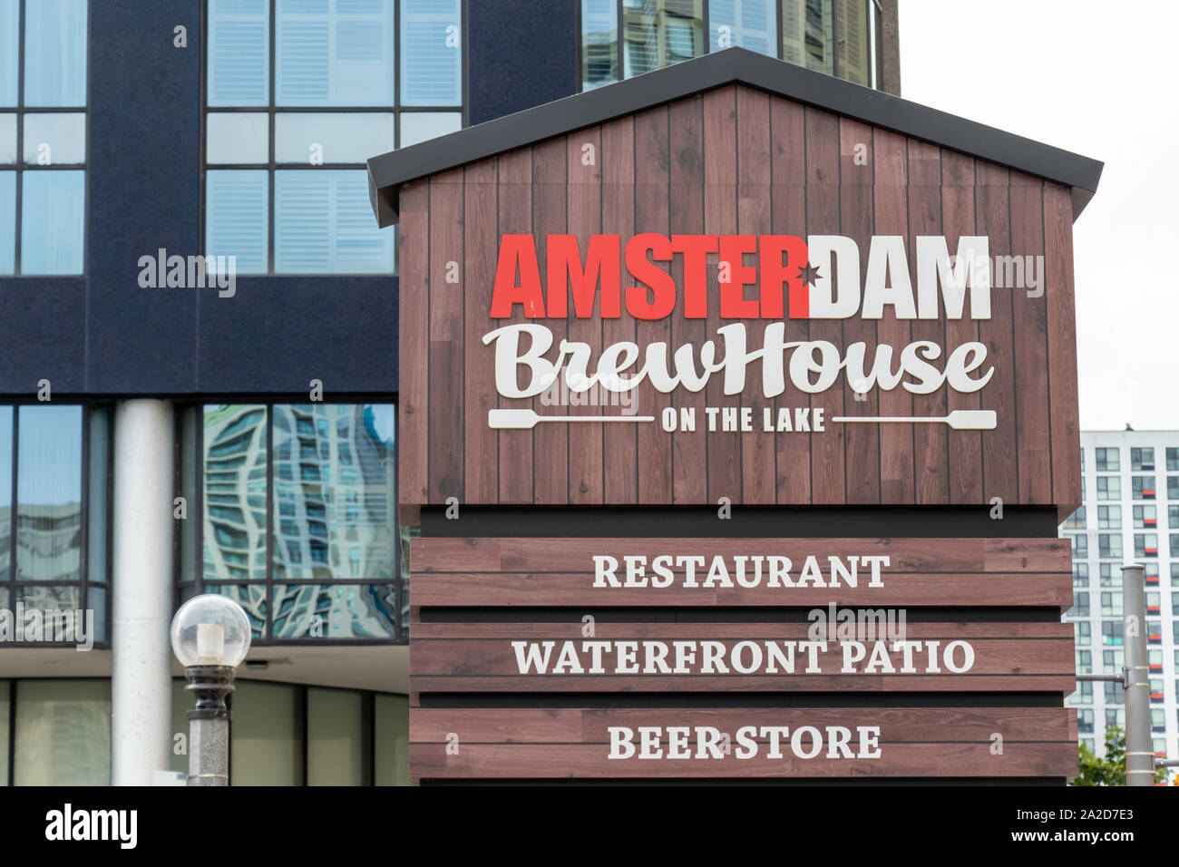 Amsterdam BrewHouse - on the lake sign on the road in-front of the ...
