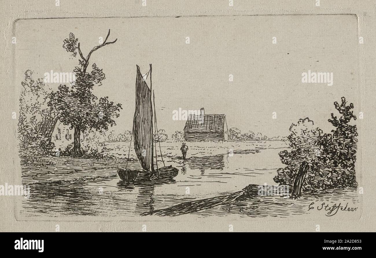 Een zeilboot vaart op het water. Op de achtergrond een huis Stock Photo ...