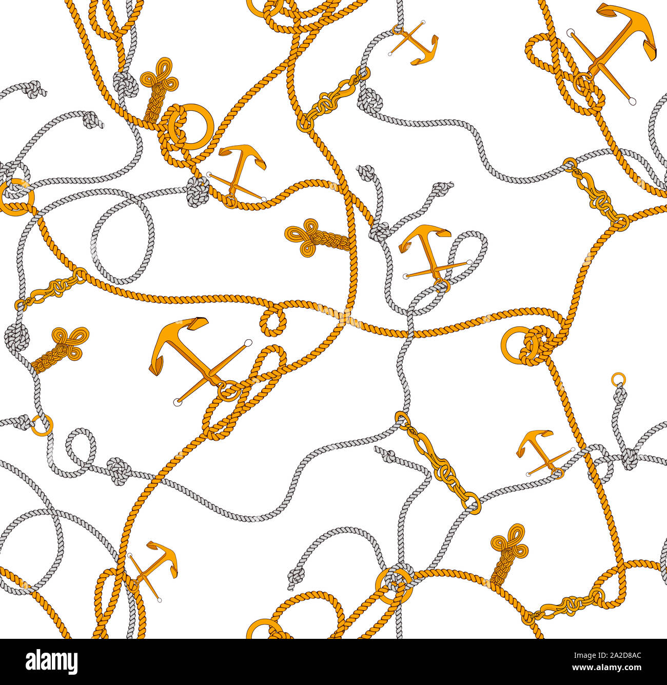 Seamless pattern with golden sea anchors, marine motifs, chains, ropes ...