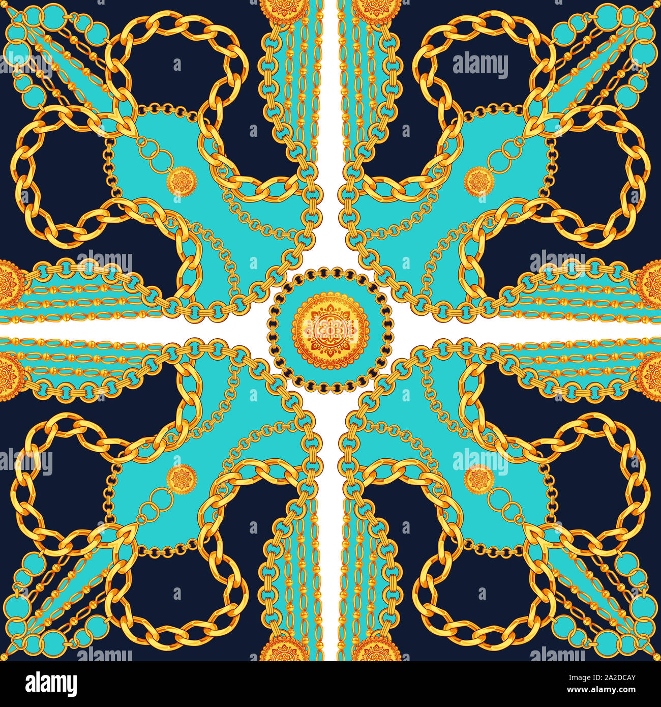 Fashion seamless scarf pattern with golden chains on dark blue ...