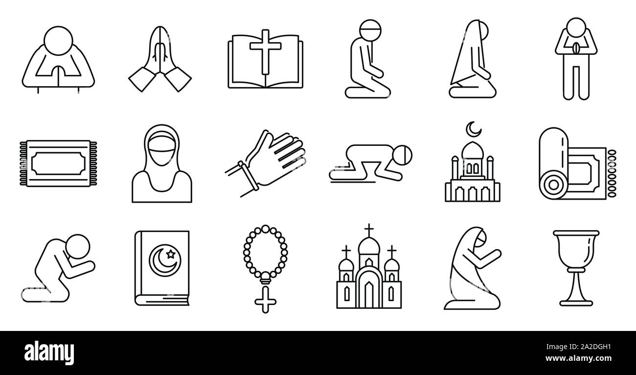 Religion prayer icons set. Outline set of religion prayer vector icons ...
