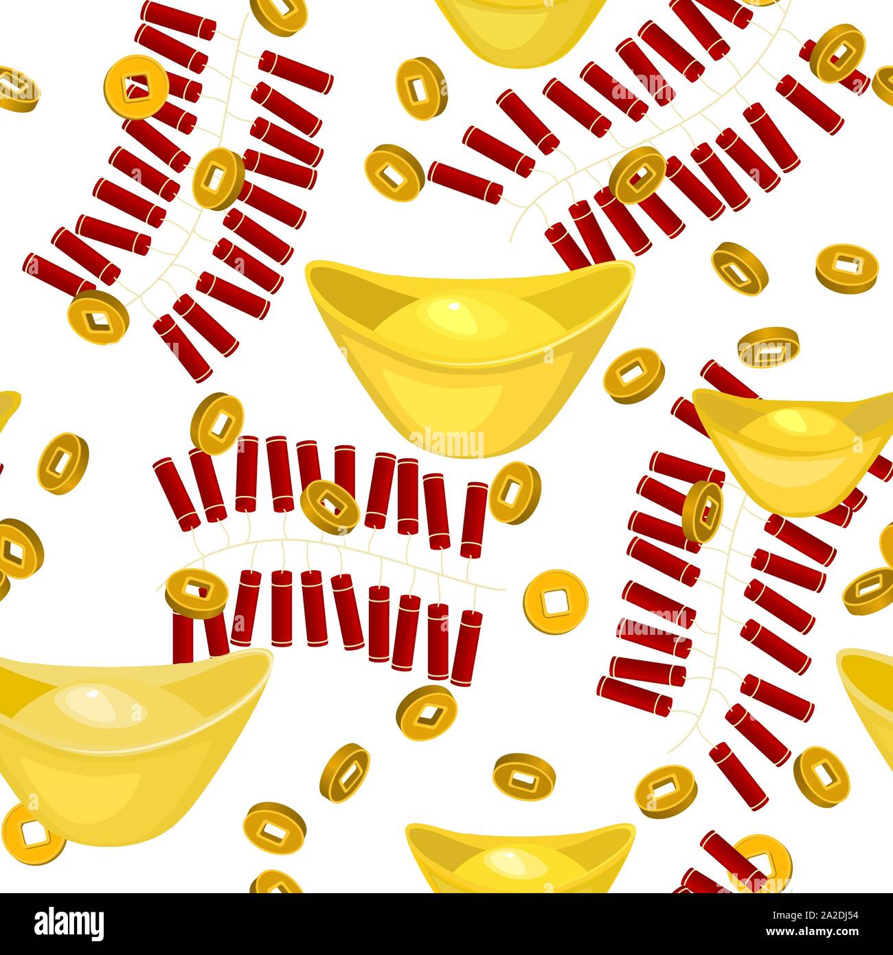 Seamless pattern Chinese golden ingot, coins and firecrackers on white ...