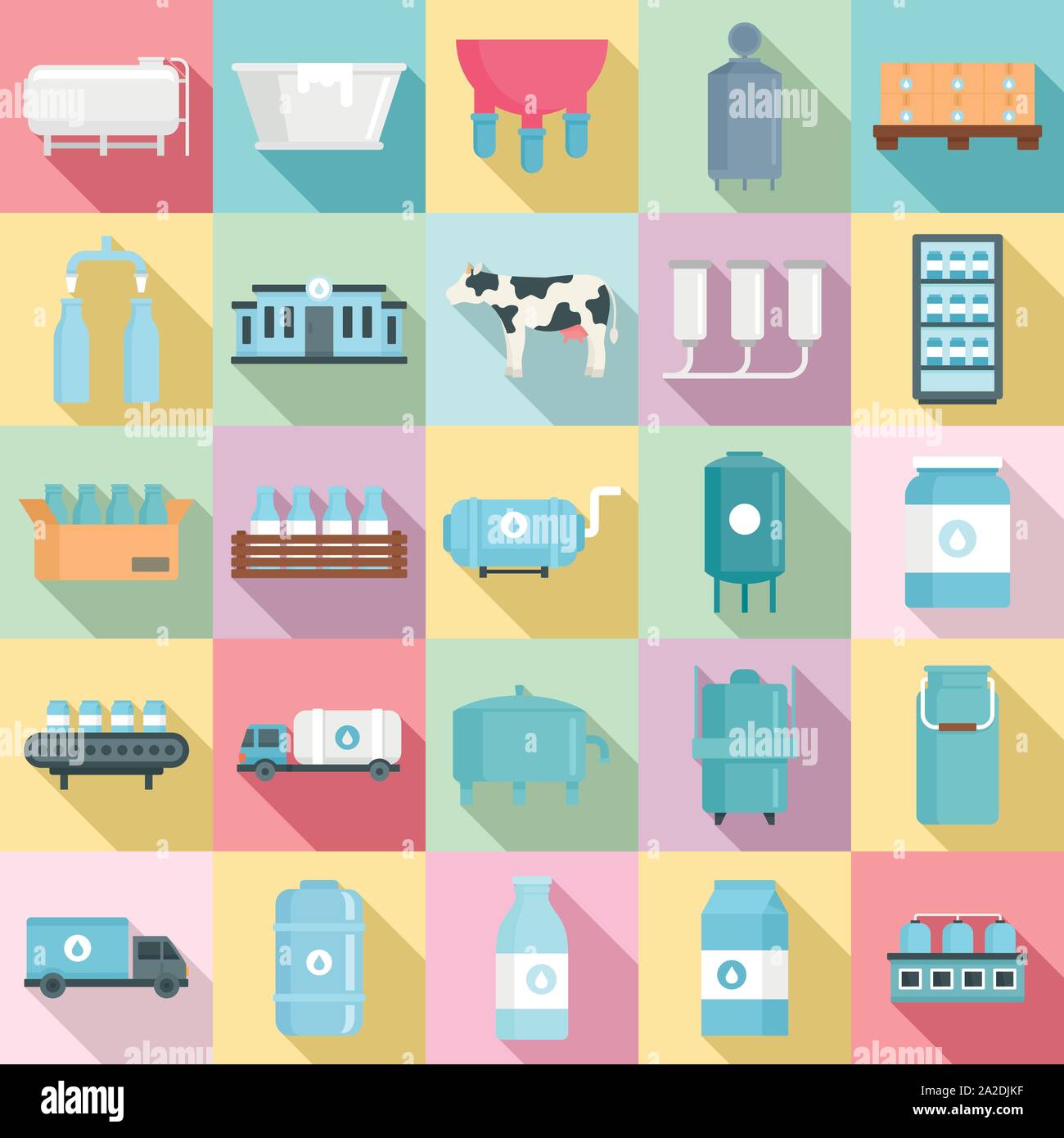 Milk factory icons set. Flat set of milk factory vector icons for web ...