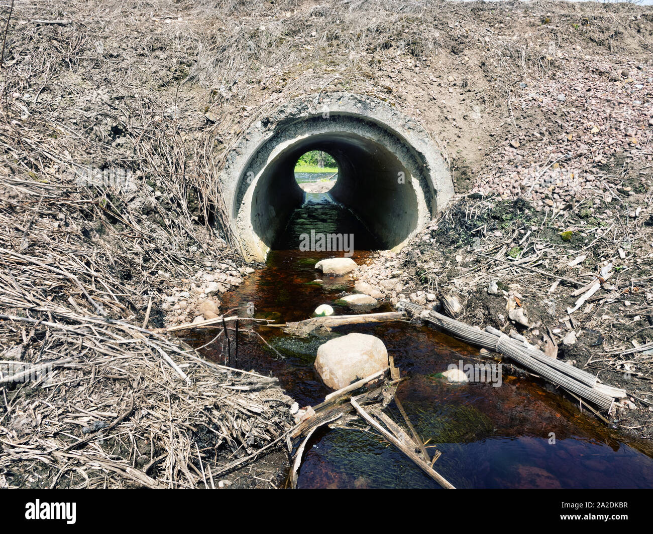 road construction drainage pipe under highway with flow of water Stock ...
