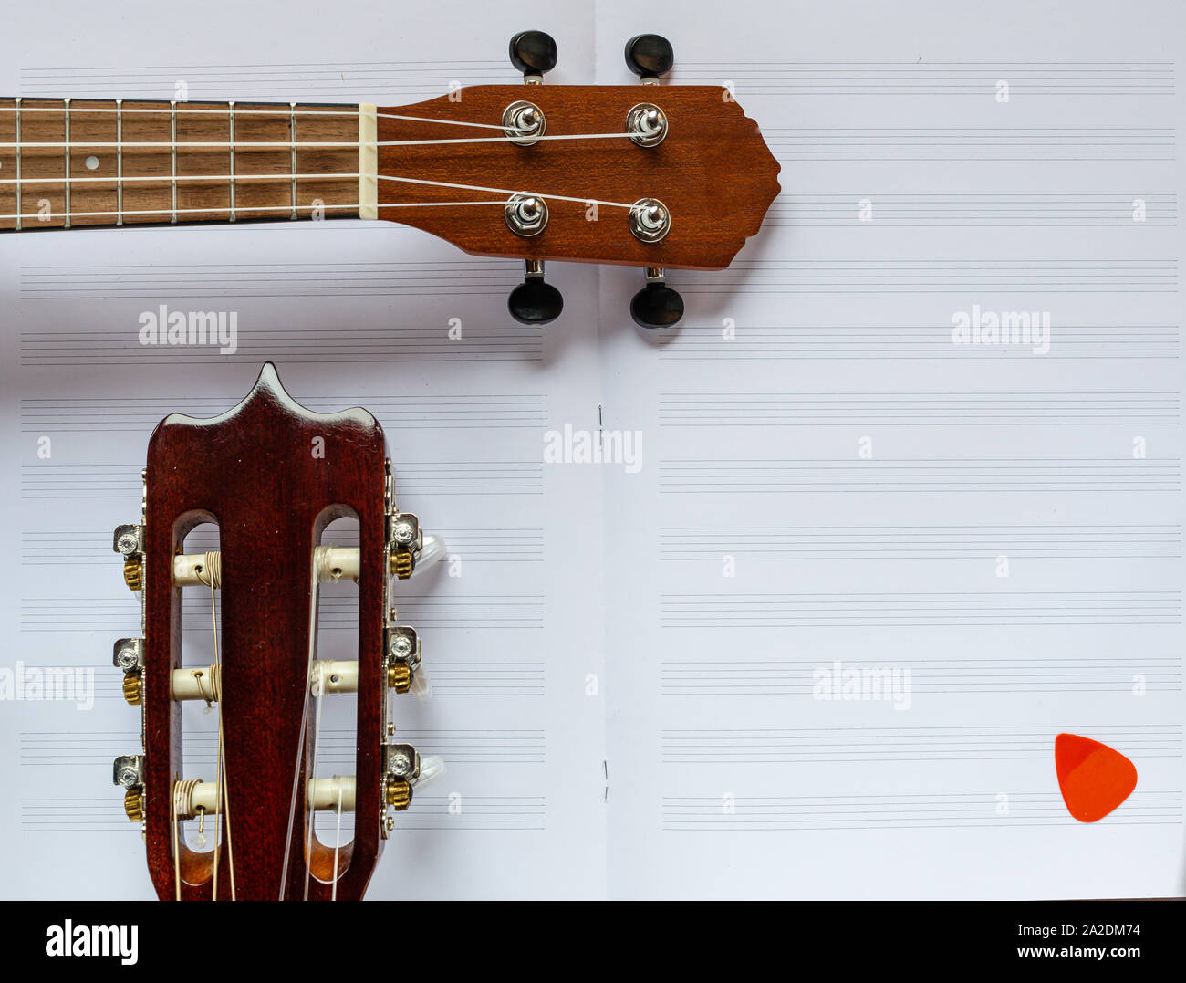 Guitar and ukulele. Wooden instruments. Hawaiian guitar. Light music ...