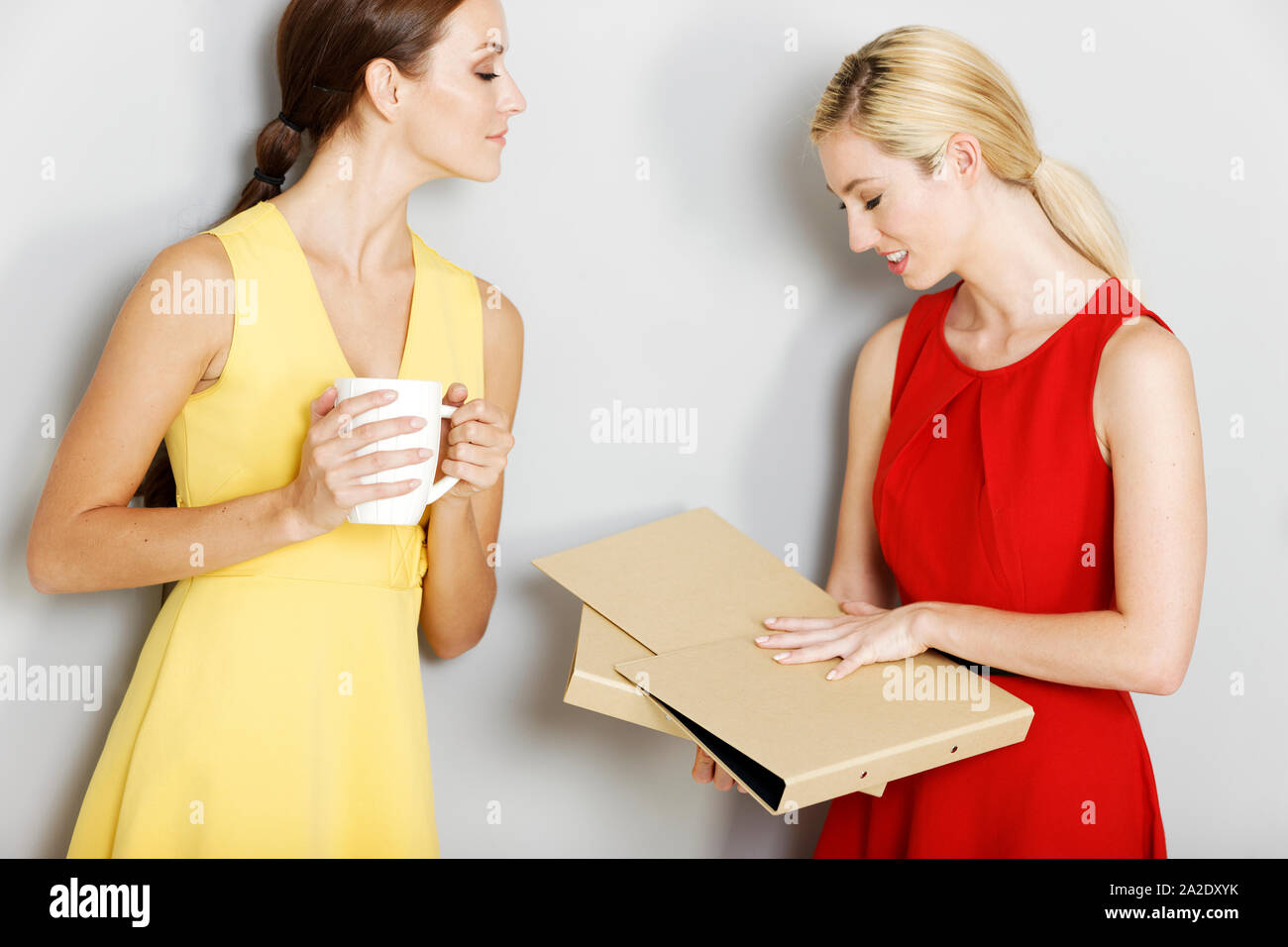 Two beautiful female work colleagues discussing over a break Stock ...