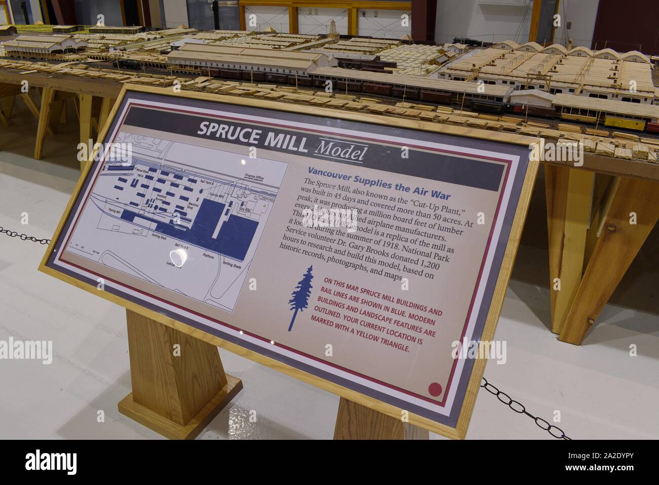 A sign and a model explain about the Army Spruce Mill that covered ...