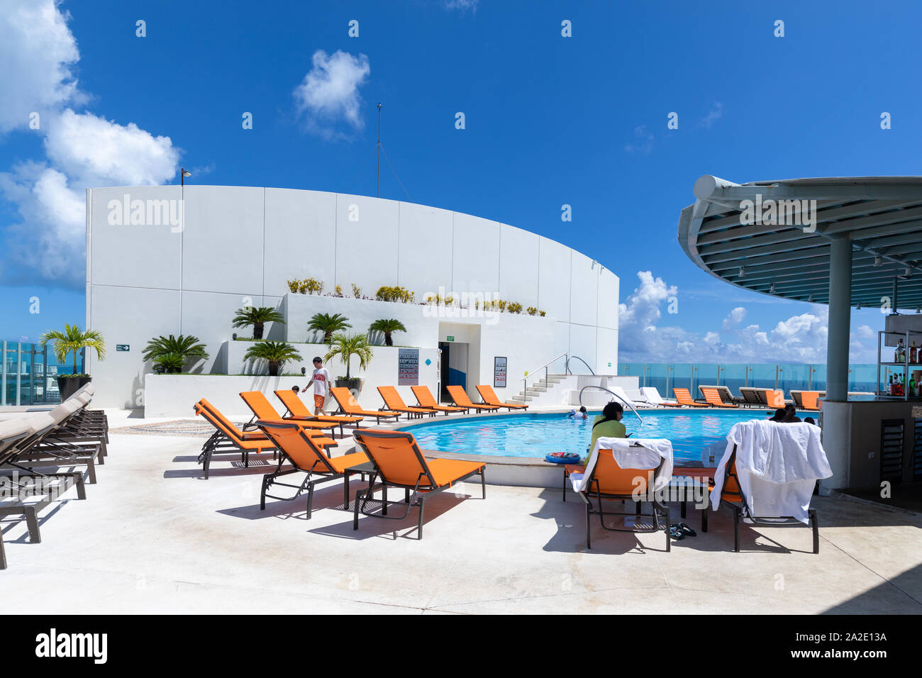 Cancun, Mexico - Aug 30, 2019 : A rooftop terrace - Sunbeds, swimming ...