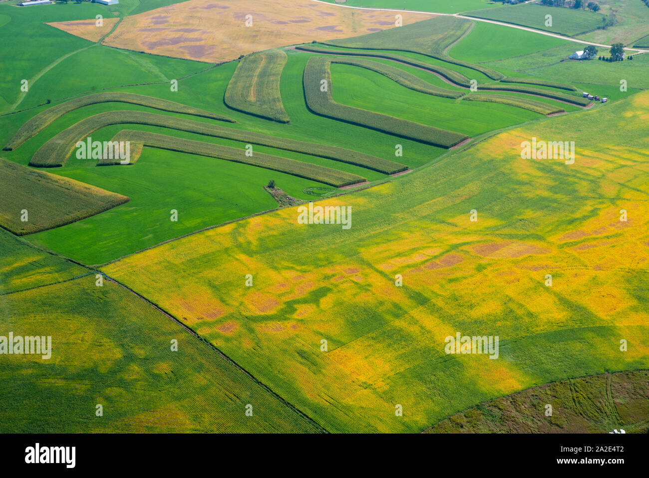 Aerial photograph of the rural Iowa countryside and fields of grains ...