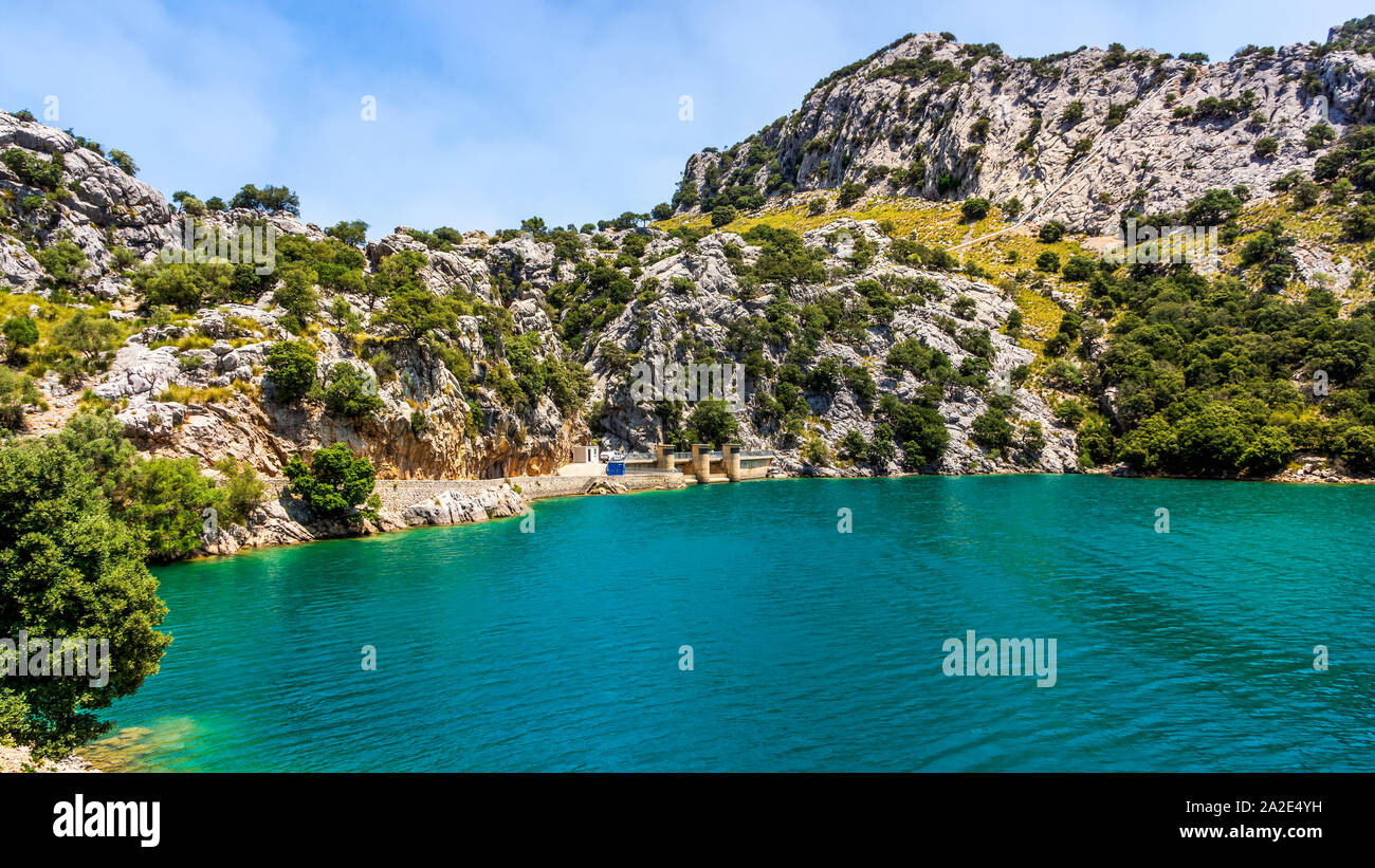 Water dam at Embassament de Cuber, it is an artificial lake, water ...