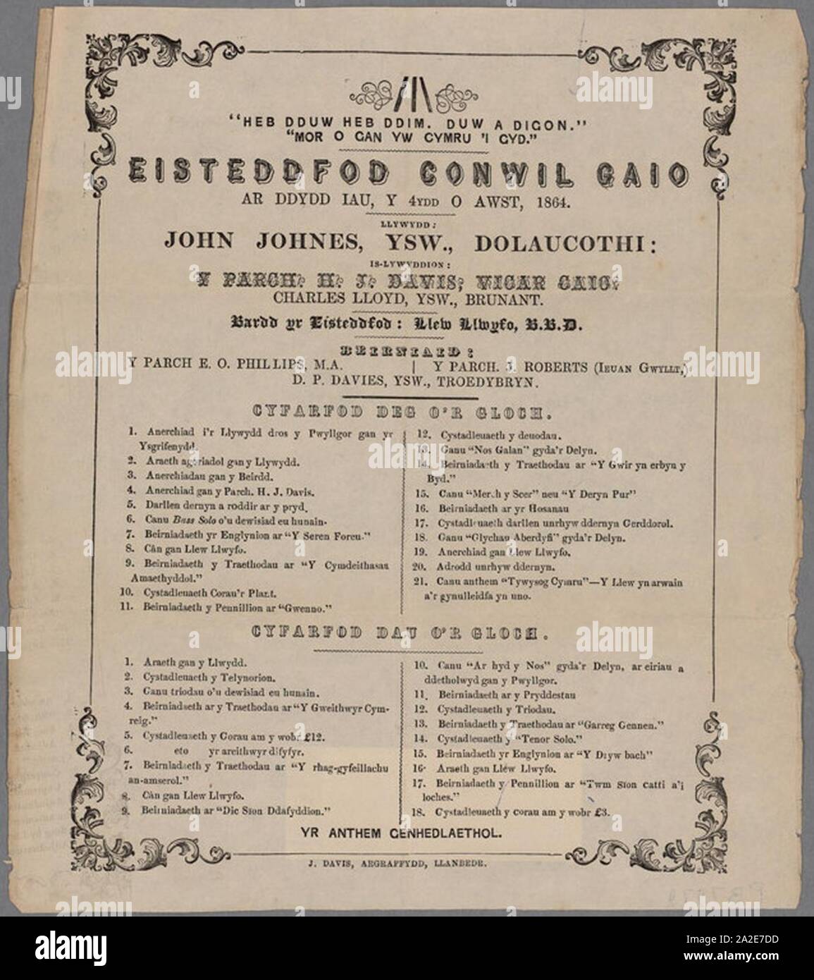 Eisteddfod Programme of events. 1864 Stock Photo - Alamy