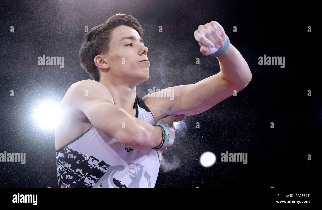 Stuttgart, Germany. 02nd Oct, 2019. Gymnastics: WM, podium training men. Karim Rida from Germany ...