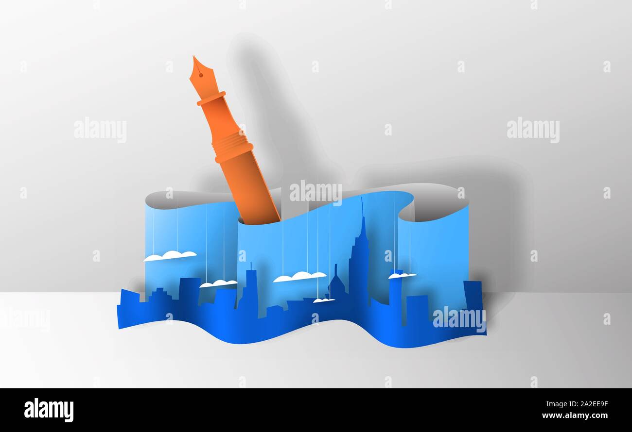 Realistic papercut city landscape with writing pen. 3D paper cutout ...