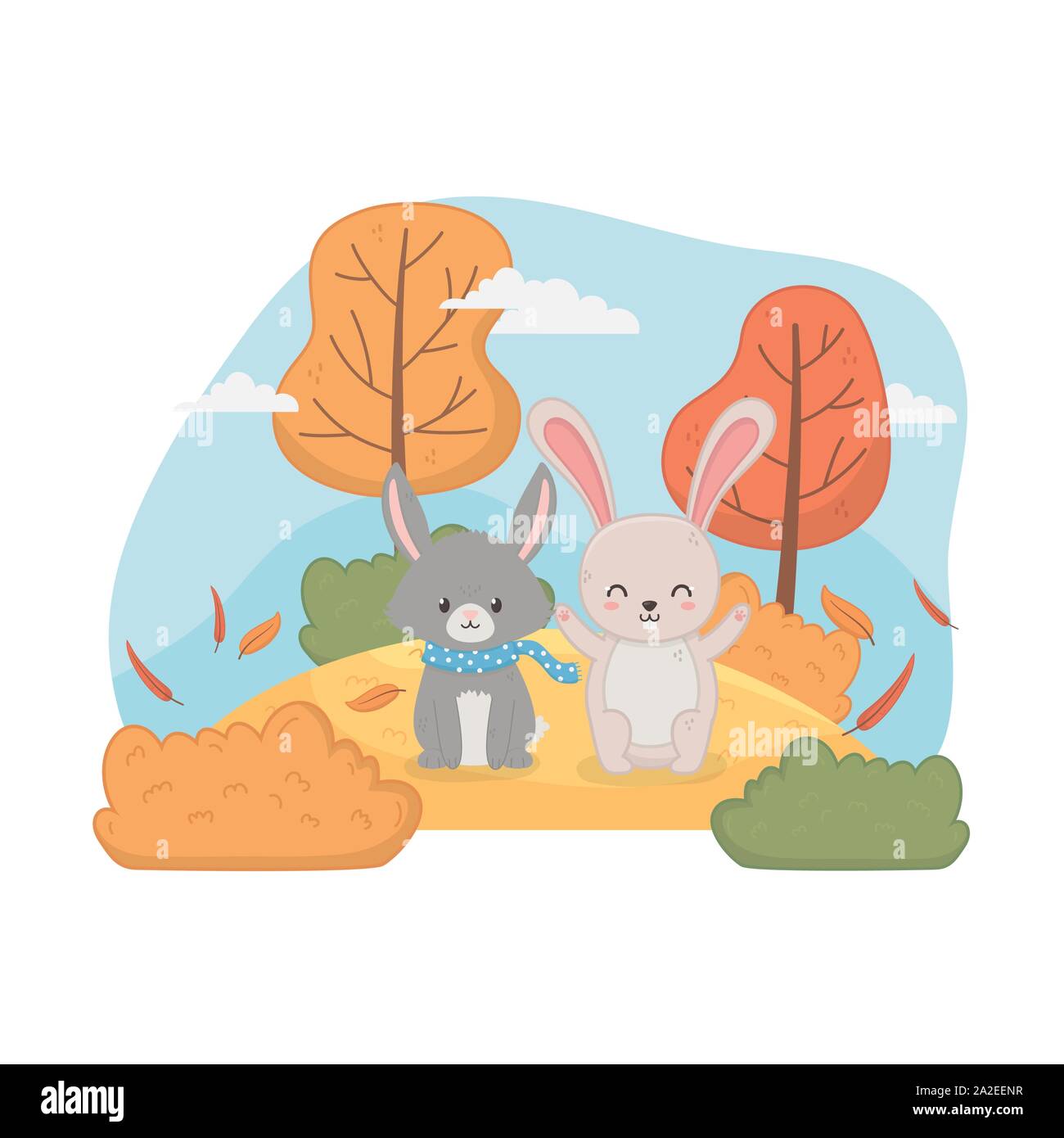 cute rabbits in the forest foliage hello autumn vector illustration ...