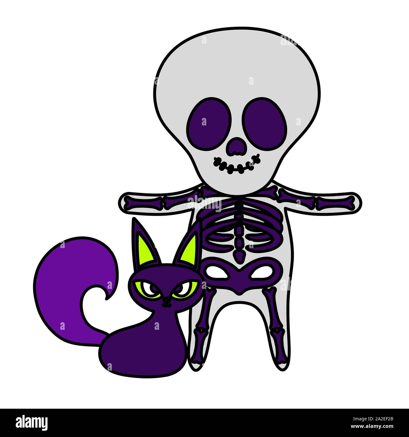 boy skeleton costume and cat trick or treat happy halloween vector ...