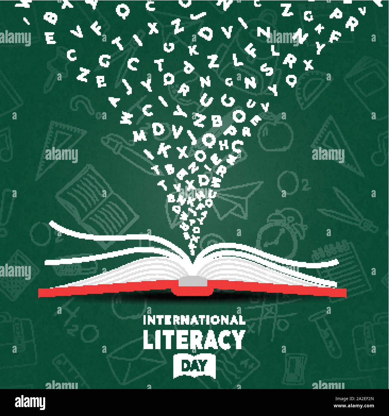 International Literacy Day greeting card illustration of open book with ...