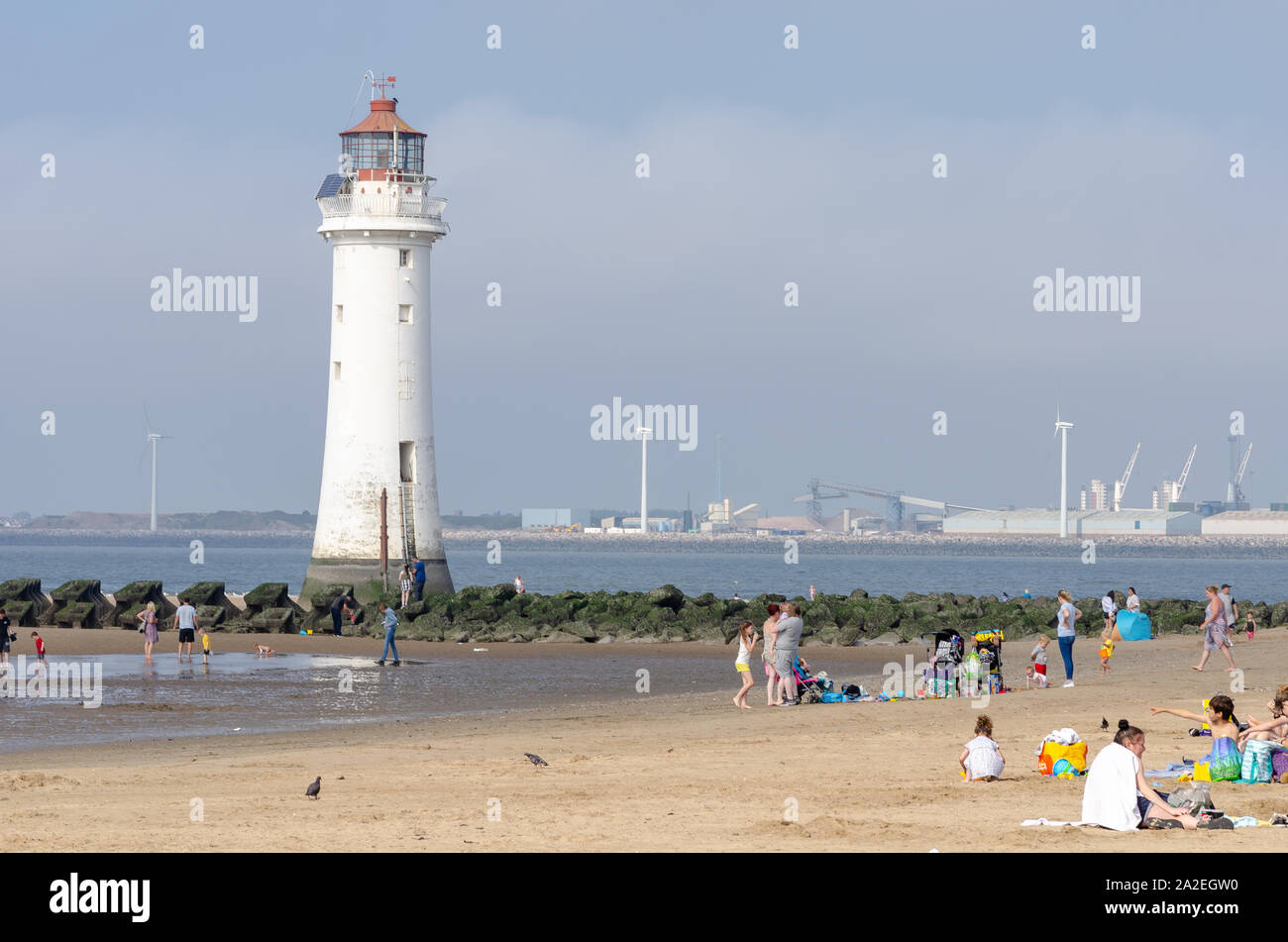 Seashore with a lighthouse in New Brighton, Merseyside, Wallasey ...