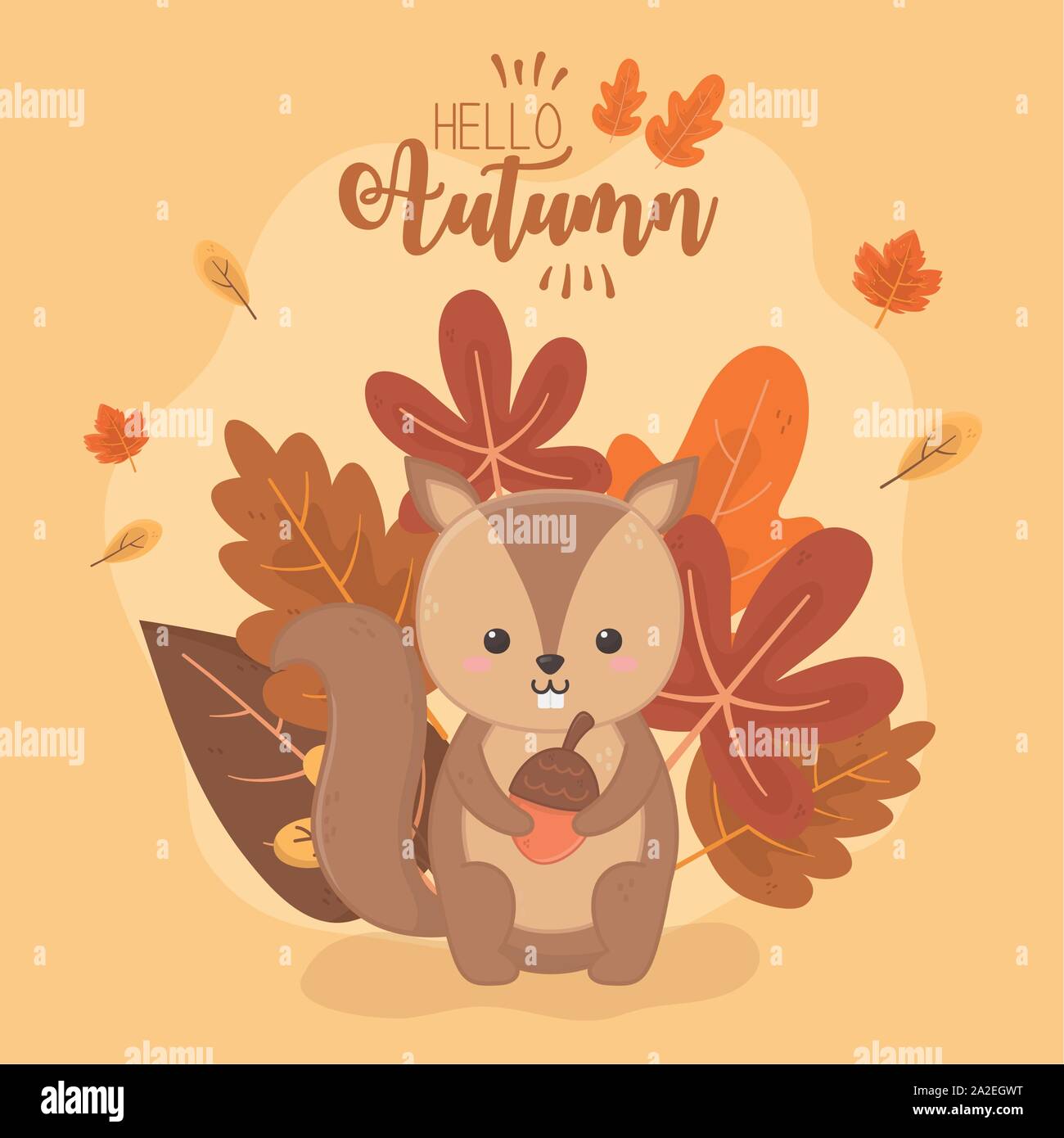 cute squirrel with acorn leaves foliage hello autumn vector ...