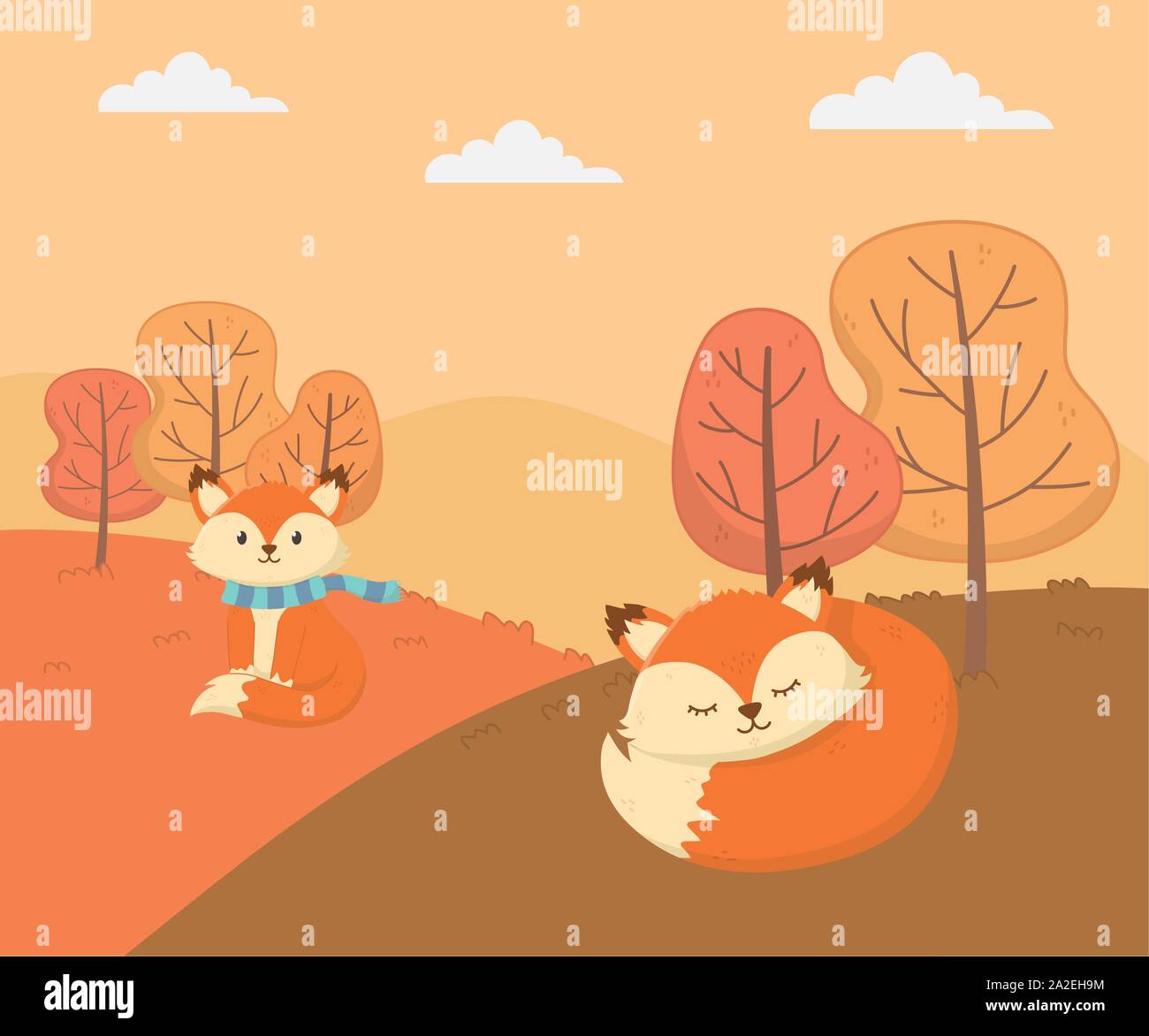 cute foxes forest trees foliage hello autumn vector illustration Stock ...