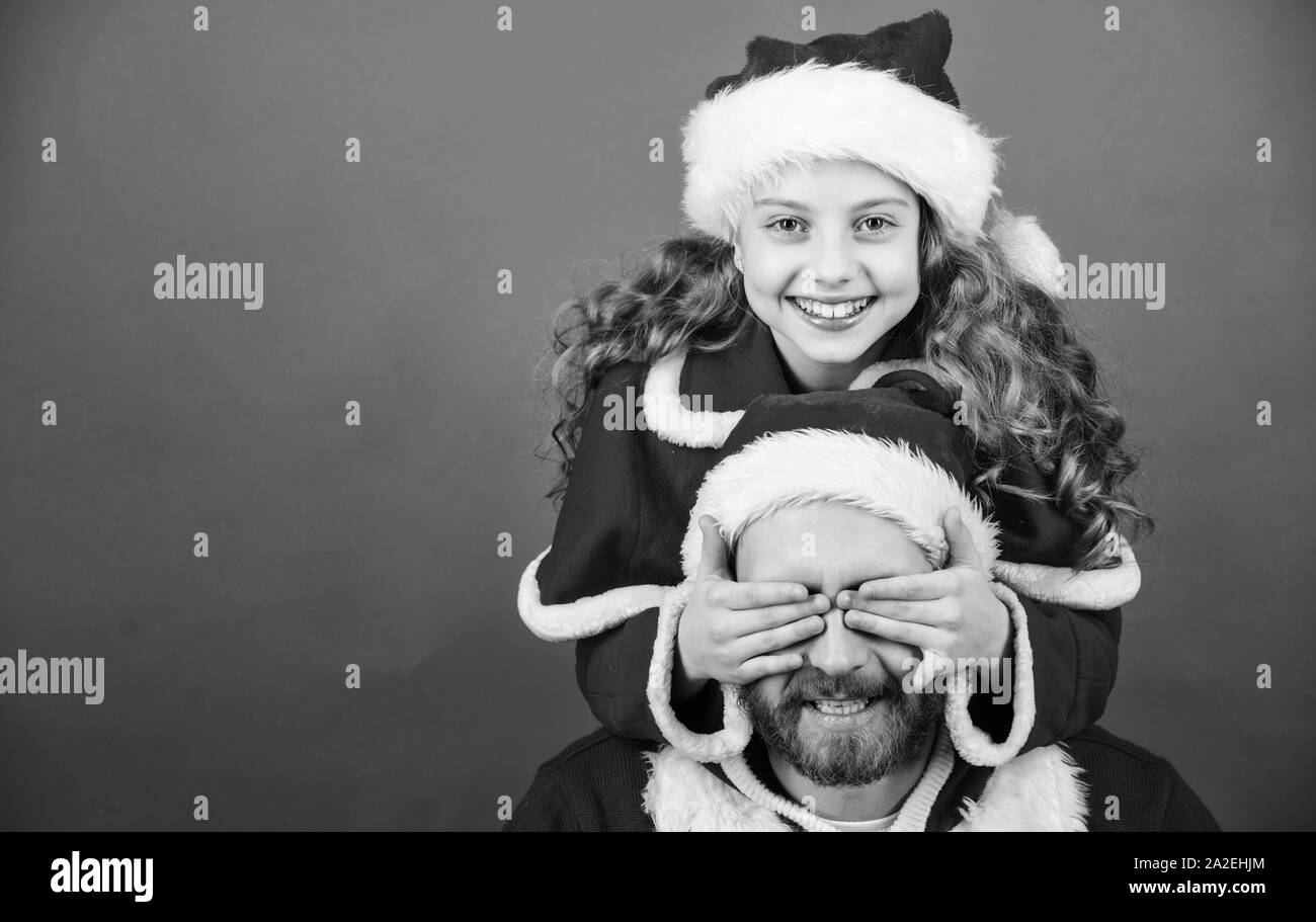 Dad in santa costume and daughter cute kid. Happy childhood. Christmas ...