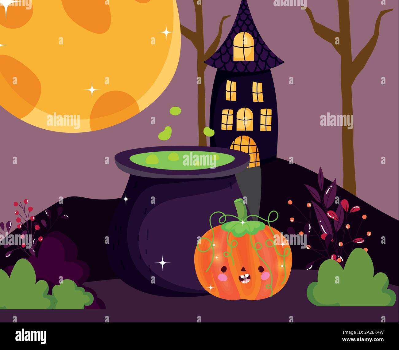 cauldron pumpkin house trick or treat - happy halloween vector ...
