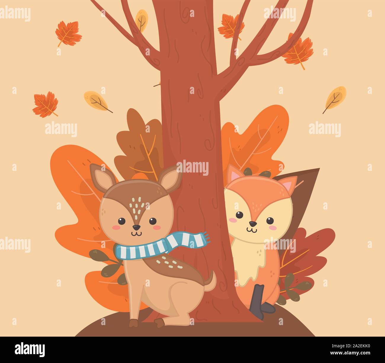 cute fox and deer tree leaves foliage hello autumn vector illustration ...