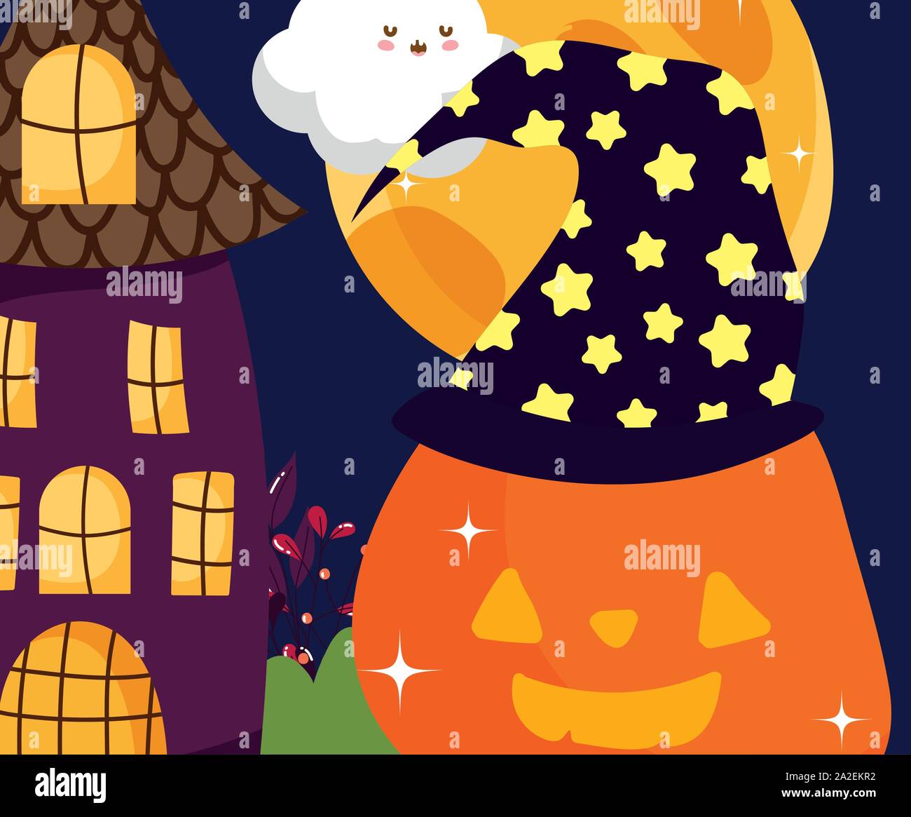 pumpkin with hat moon cloud cartoon trick or treat - happy halloween ...