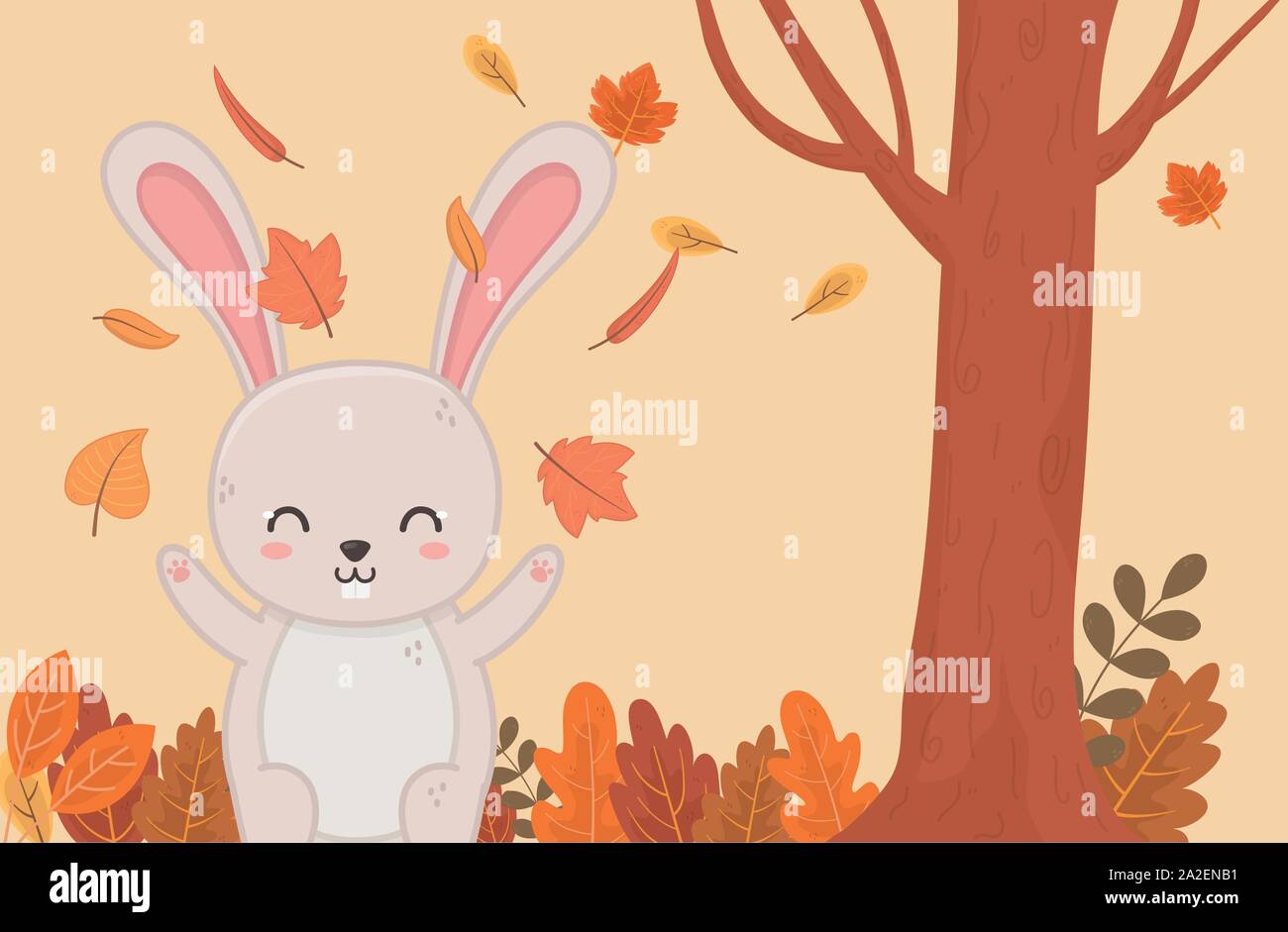 happy cute rabbit leaves tree foliage hello autumn vector illustration ...