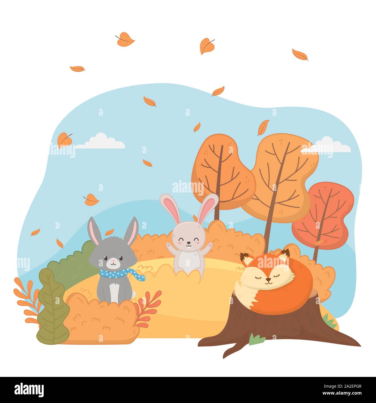 cute fox and rabbits leaves trees foliage hello autumn vector ...