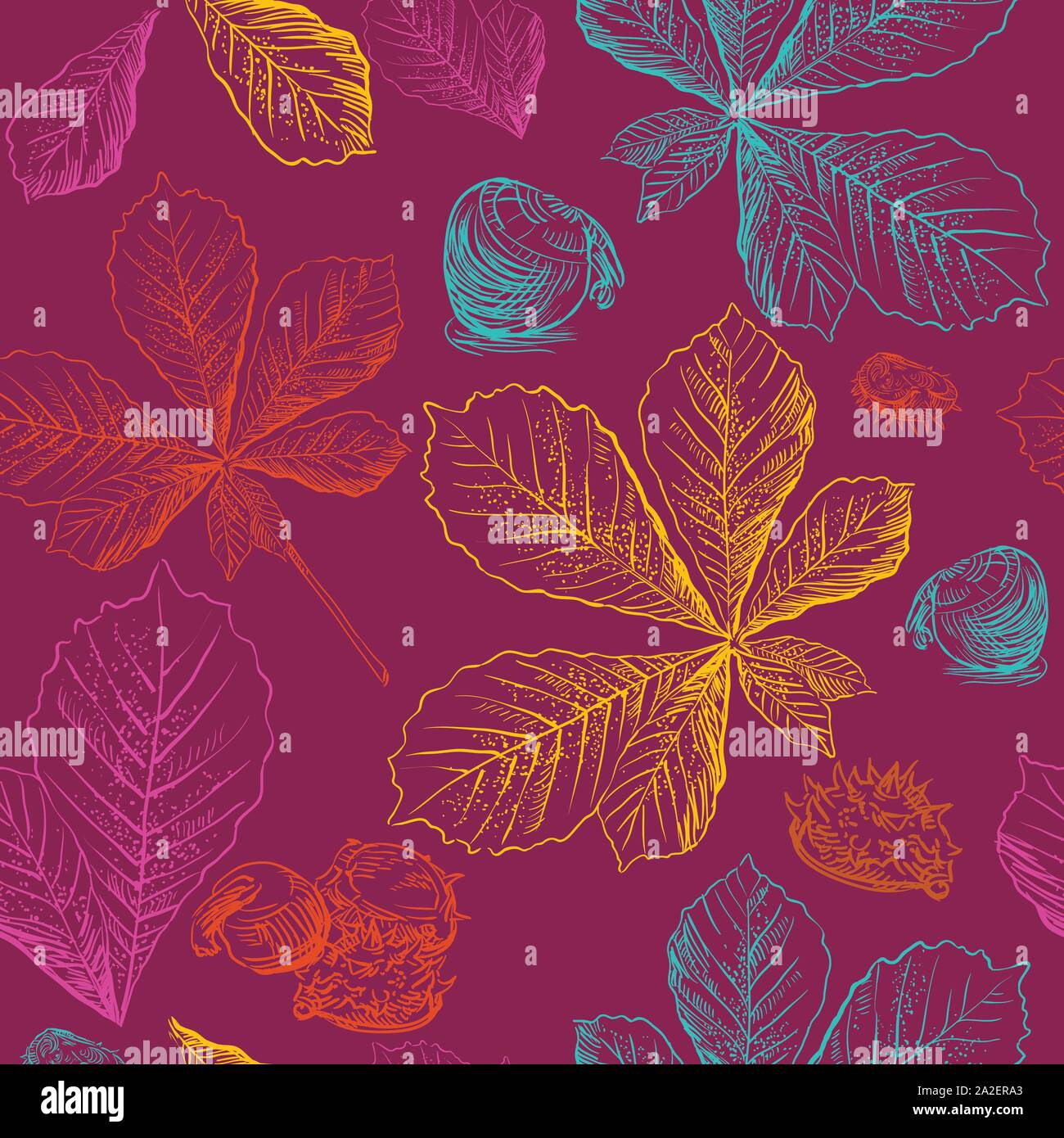 Vector autumn hand drawing seamless pattern with bright colorful horse ...