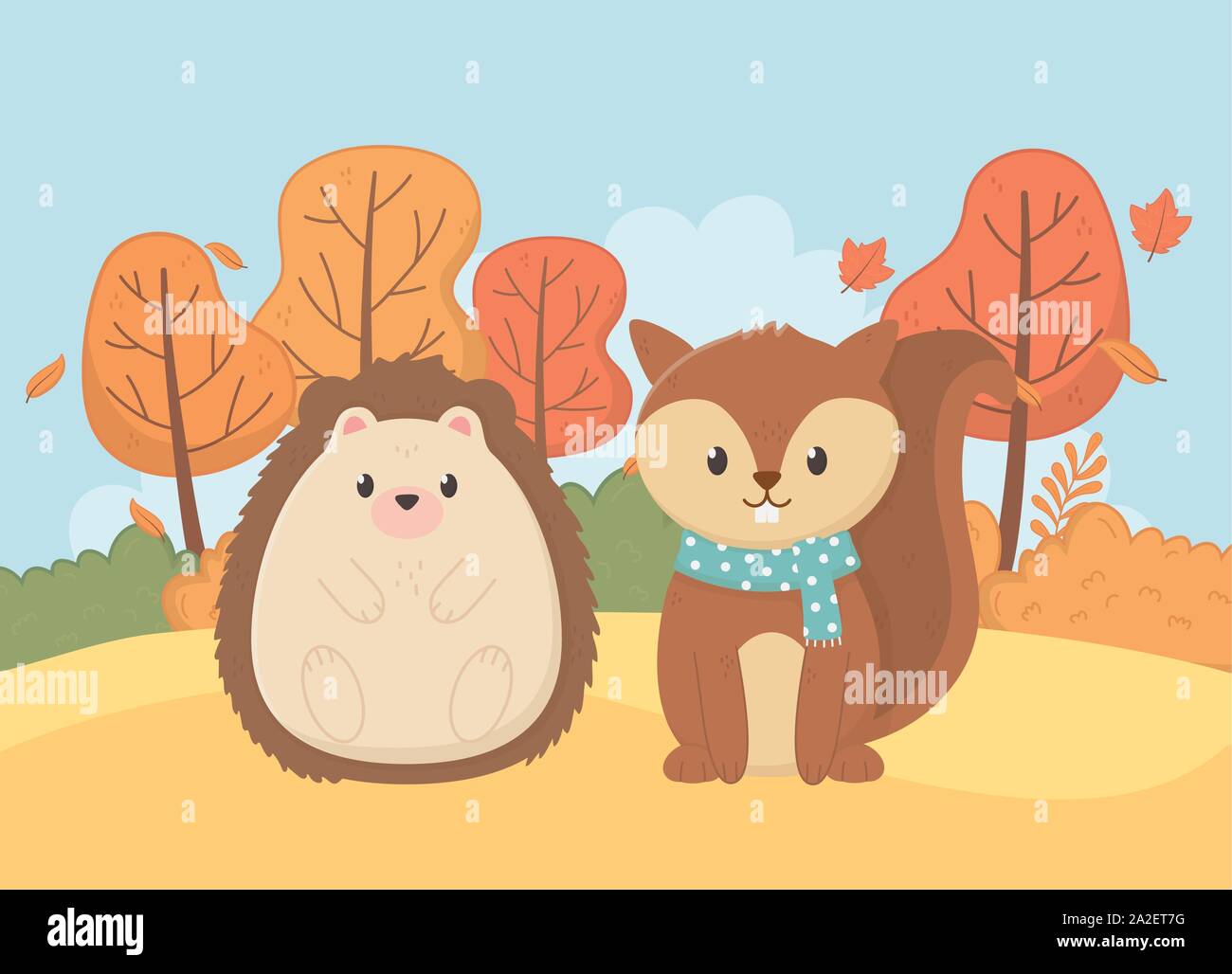 cute hedgehog and squirrel forest foliage hello autumn vector ...
