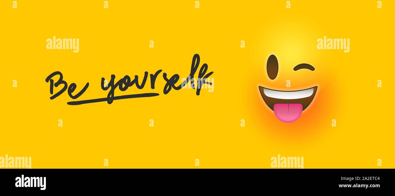 Wink yellow emoticon banner illustration with positive motivation quote ...