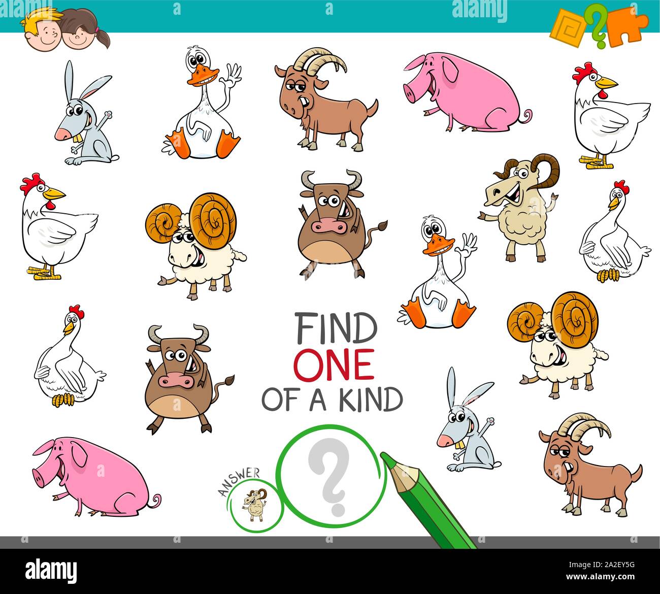 Cartoon Illustration of Find One of a Kind Picture Educational Activity ...
