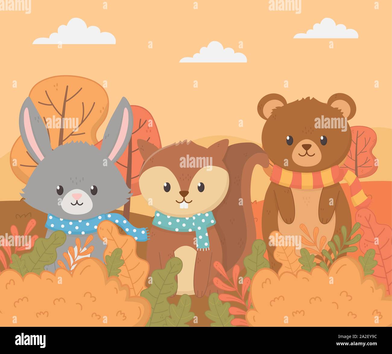 cute bear rabbit and squirrel bush foliage hello autumn vector ...