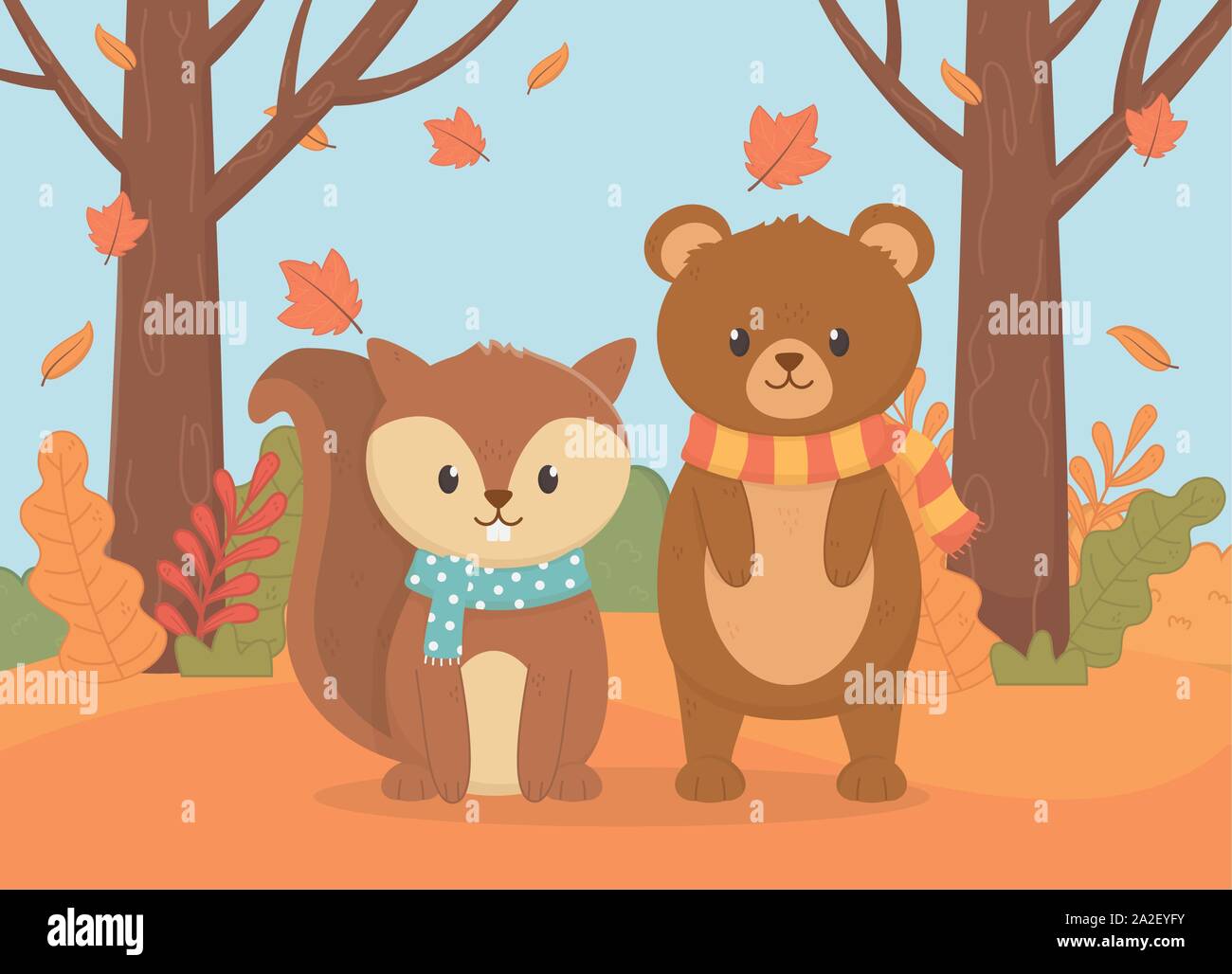 cute bear and squirrel with scarf foliage hello autumn vector ...