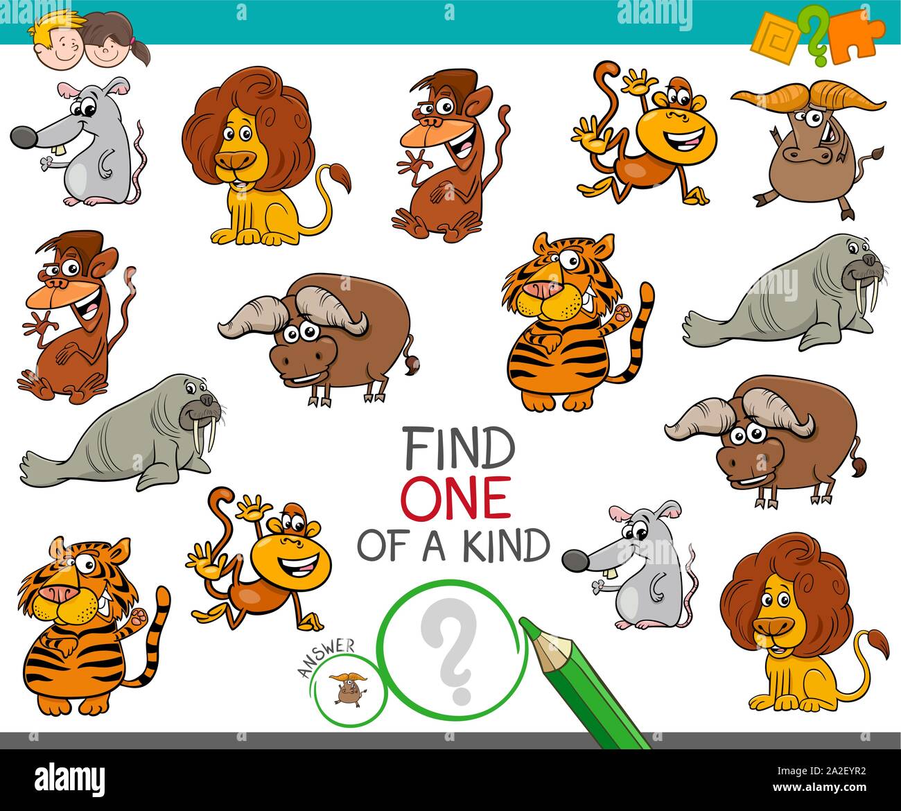 Cartoon Illustration of Find One of a Kind Picture Educational Activity ...