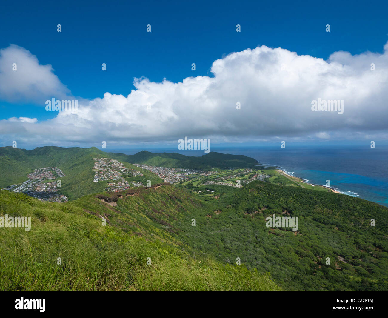 A wide angle view from the top of Koko Head trail in Oahu,Hawaii Stock ...