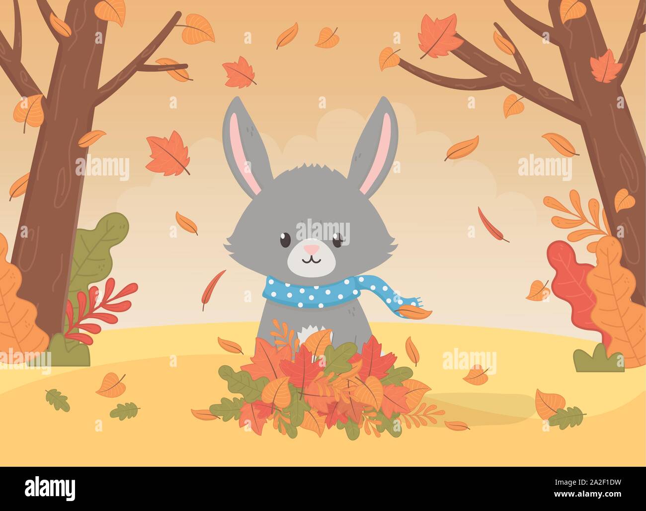 falling leaves trees cute rabbit foliage hello autumn vector ...