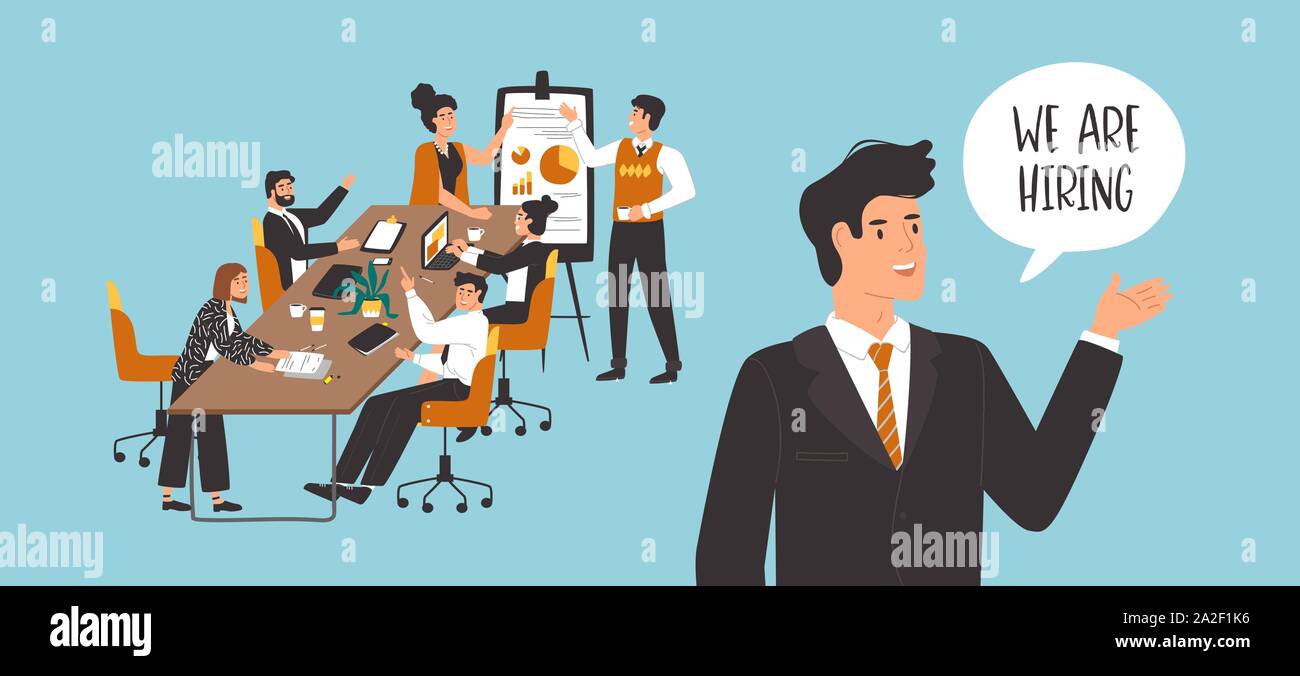 We are hiring template for vacant office position. Happy business boss ...