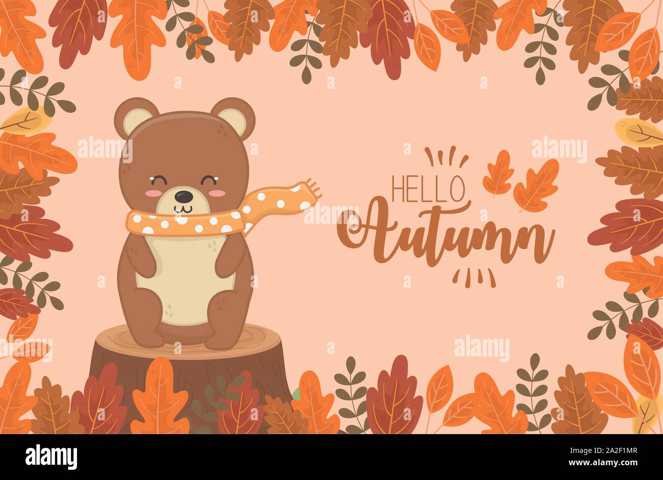 cute bear with scarf on trunk foliage lettering hello autumn vector ...