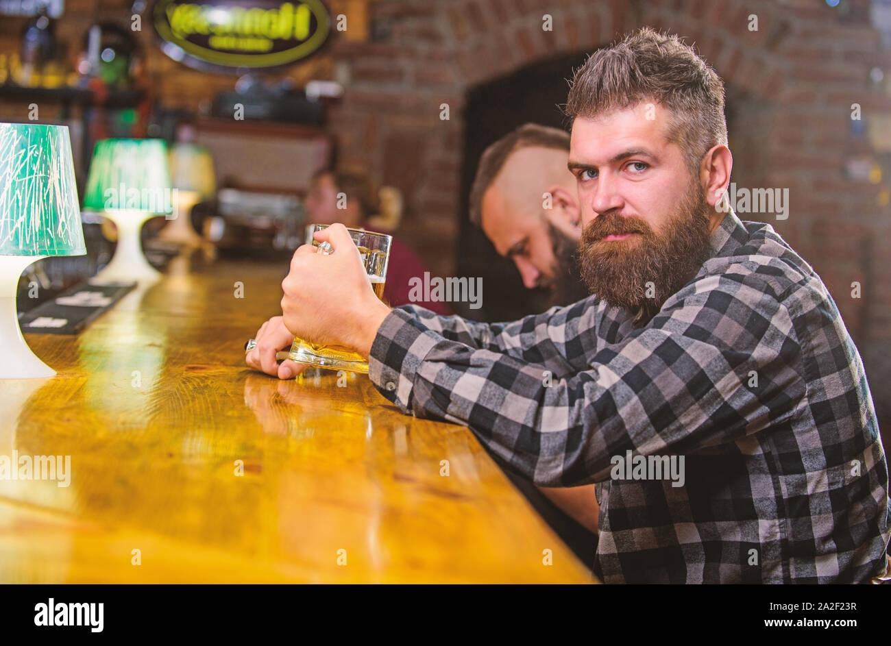 Brutal hipster bearded man sit at bar counter drink beer. Order alcohol ...