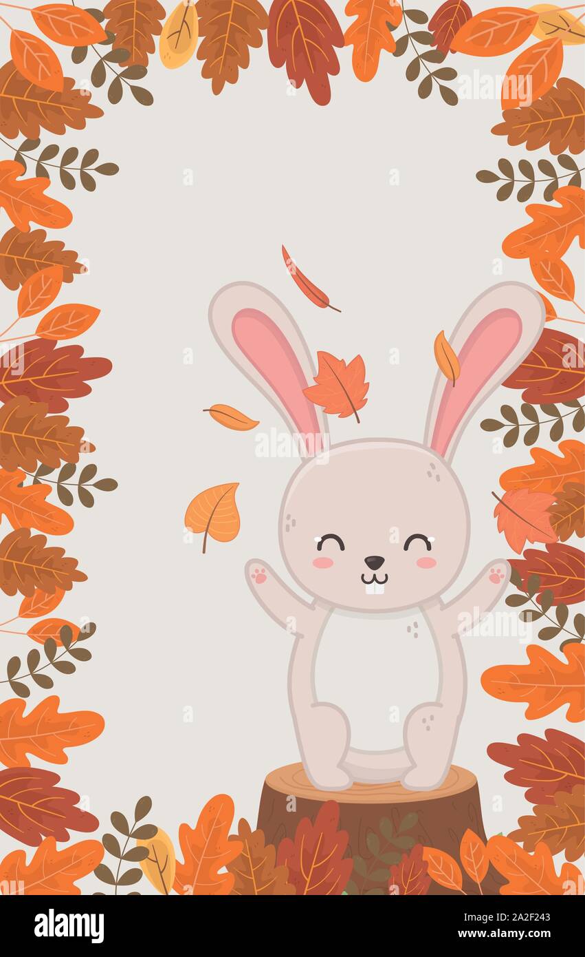 border leaves foliage cute rabbit hello autumn vector illustration ...